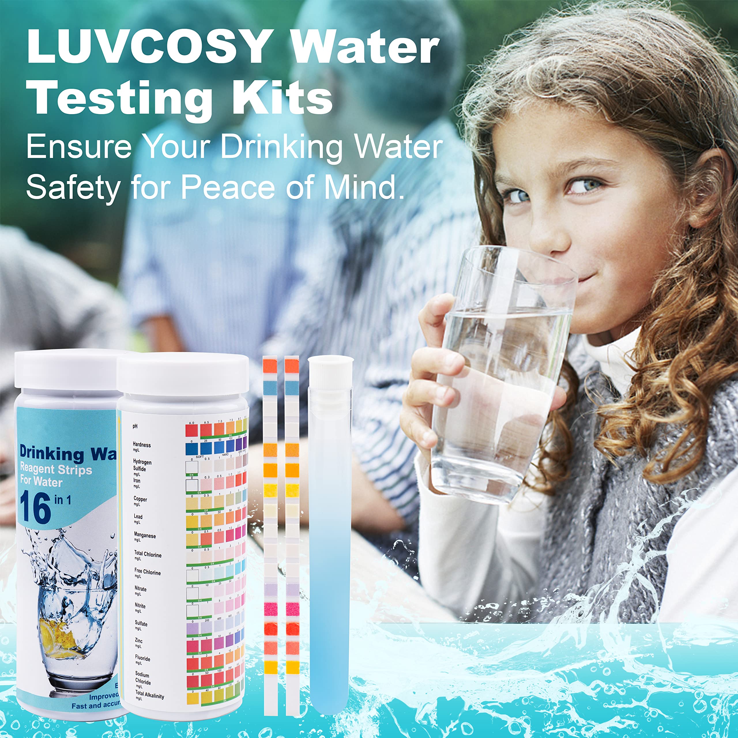 LUVCOSY 17 in 1 High Precision Water Testing Kits for Drinking Water and Swimming Pool Water Test, 100 Strips + 2 Bacteria Tests detect pH, Copper, Lead, Iron, Bacteria, Hardness and More