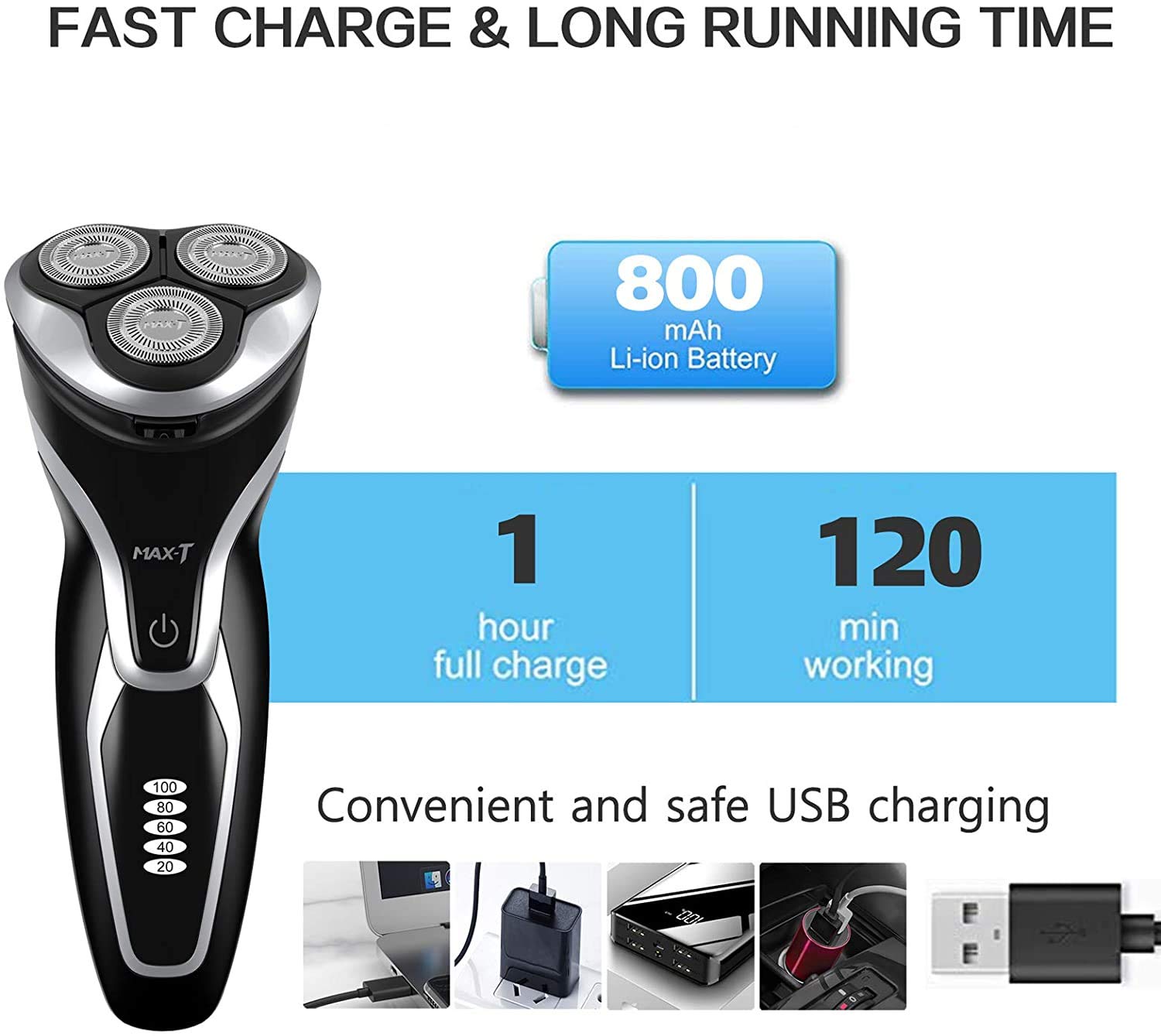 MAX-T Men Electric Razor, Rechargeable Wet & Dry Rotary Electric Shaver for Men (Blue)