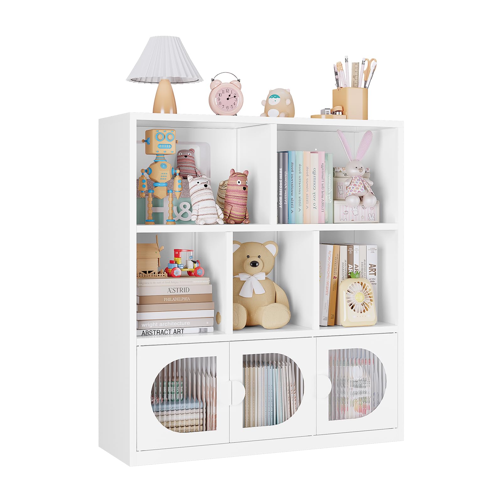 NODHM Toy Storage Organizer and Storage, Metal Toy Organizers with 5 Storage Cubbies and 3 Storage Cabinets, Book Shelf for Kids Rooms,Nursery, Playroom, Bedroom
