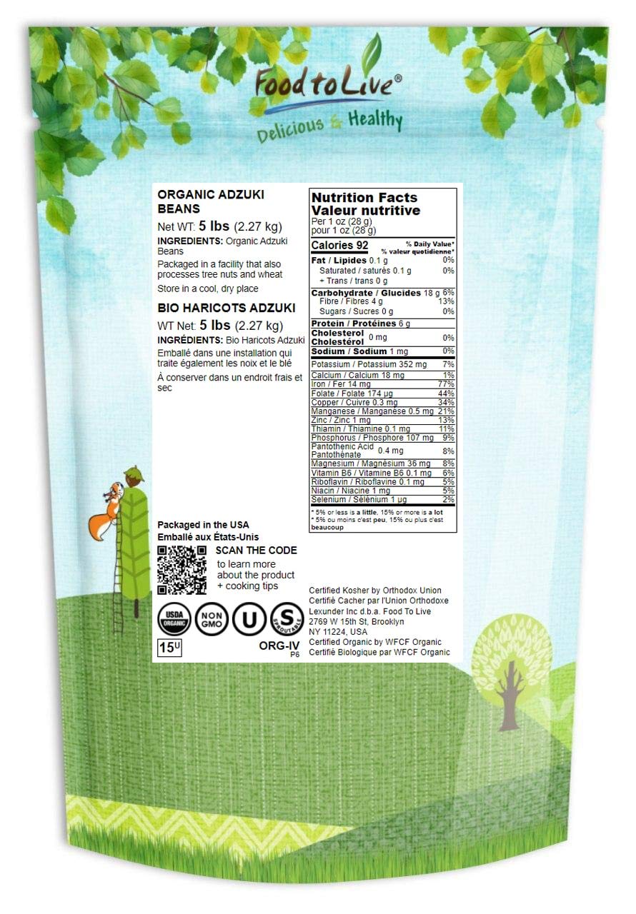 Food to Live Organic Adzuki Sprouting Beans, 5 Pounds β Whole Raw Dried Azuki Beans (Red Mung Beans), Non-GMO, Kosher, and Vegan, Bulk Organic Beans