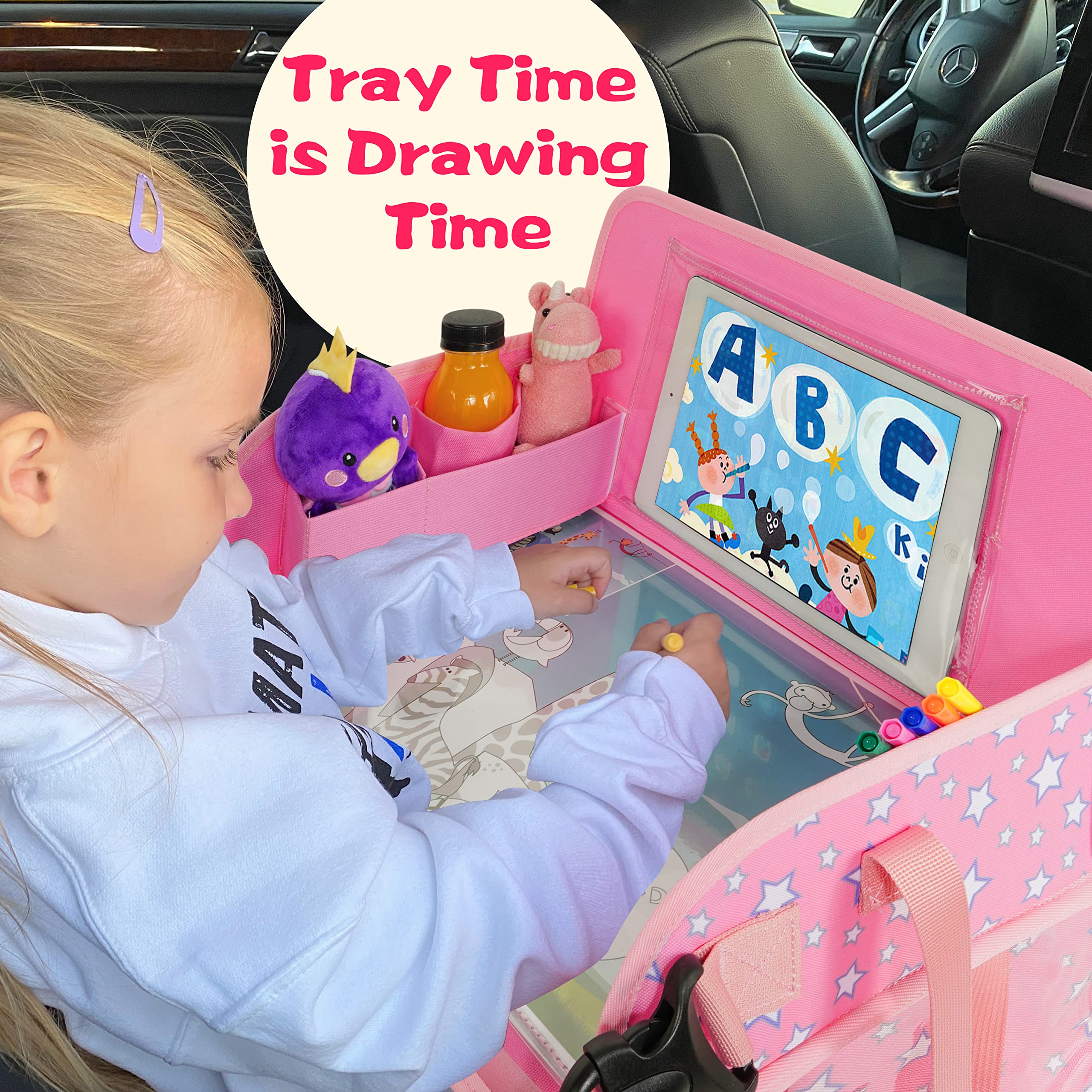 MENZOKE Pink & Black Kids Travel Tray Bundle,2 In 1 Backseat Car Organizer for Little KIds with Educational Drawing Board,Tablet Holder&Cooler Cup Holder, Car Seat Tray for Kid Travel, Birthday Gifts