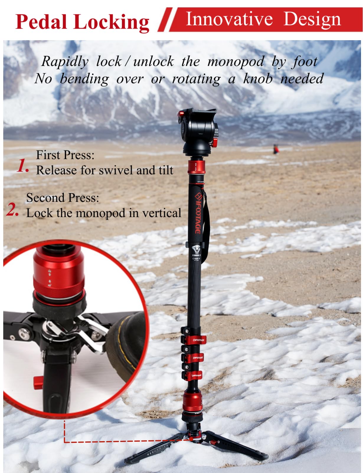 IFOOTAGE Cobra 3 Monopod C180F-P with K5S Fluid Head, Professional Portable Travel Monopod Kit for Canon Nikon Sony Olympus Panasonic DSLR Camera