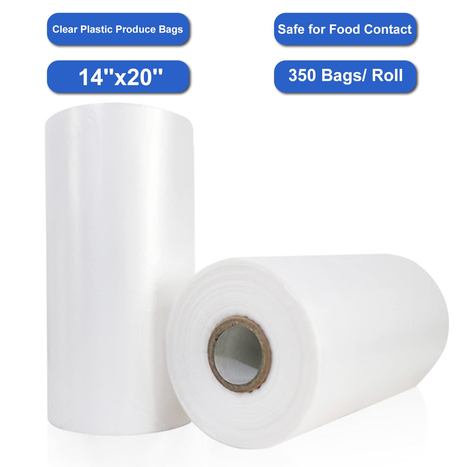 LabelMore 14'' x 20'' Plastic Produce Bags on a Roll, Clear, Food Storage Bags for Bread, Vegetable, Fruits and Meat, 350 Bags/Roll, 1 Roll