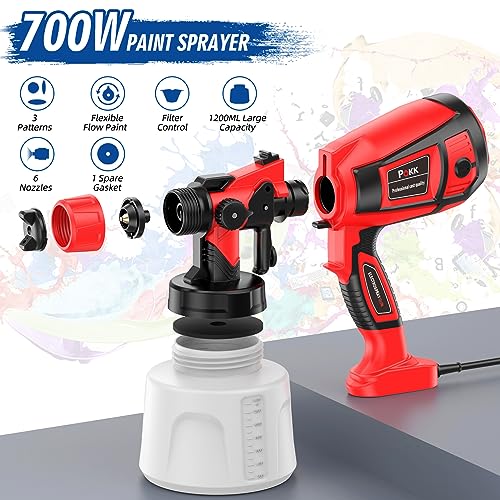 Pokk Paint Sprayer, 700W HVLP High Power Electric Spray Paint Gun,6 Copper Nozzles & 3 Spray Patterns, Paint Sprayers for Home Interior and Exterior, Furniture, Cabinets, Fence, Doors, Walls, FJ1828