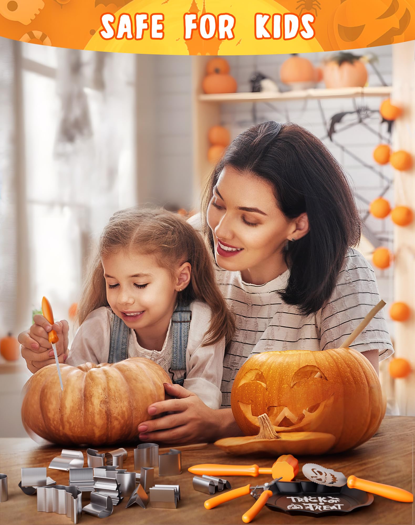 Pumpkin Carving Kit Tools 27 PCS Safe & Easy for Kids, Sturdy Halloween Pumpkin Carving Set with Stainless Steel Carve Stencils & Hammer for DIY Halloween Decoration Jack O Lanterns
