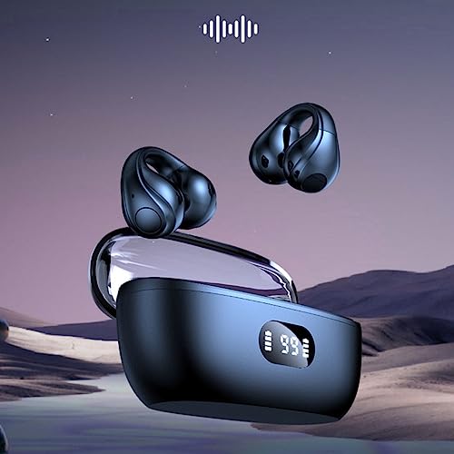 Open Ear Headphones Wireless Bluetooth 5.3,Noise Cancelling Earbuds,HiFi Stereo Headphones,Wireless Headphones, Ear Stereo Bass Headset with Earhooks LED Battery Display (Black)