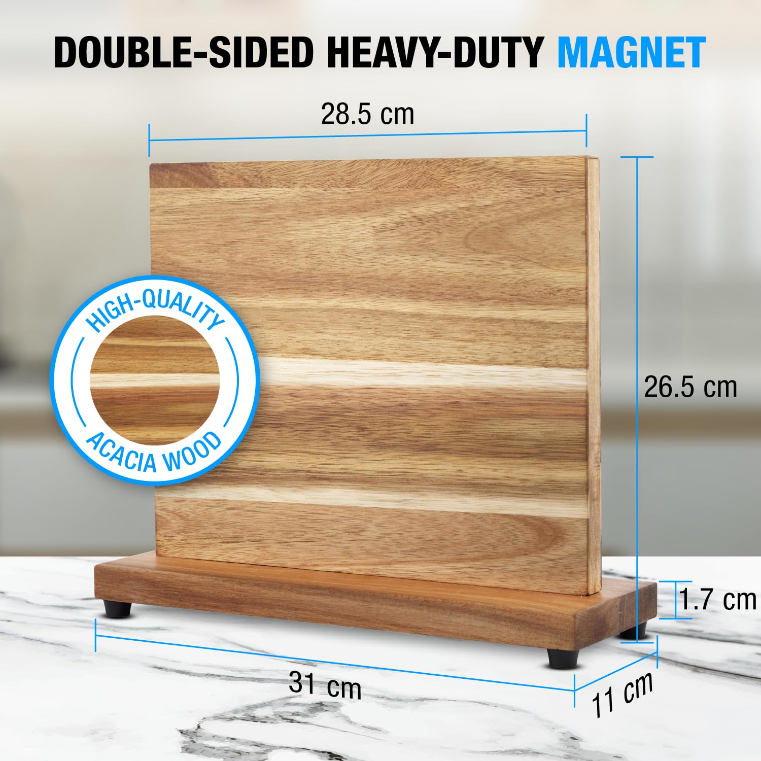 Magnetic Knife Holder, Acacia Wood, Magnetic Knife Block 11.2 x 10.4 Inches, Double Sided Rack Magnetic Universal Stand with Strong Enhanced Magnet Strips, Kitchen Storage Cutlery Organizer
