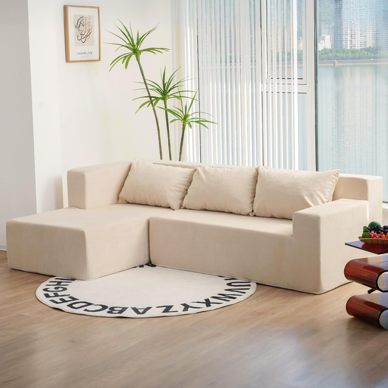 Rovibek Modular Sectional Sofa with Chaise, L-Shape Modern Minimalist Couch with 3 Pillows, Upholstered Sleeper for Living Room, Bedroom, Free Combination, Off White