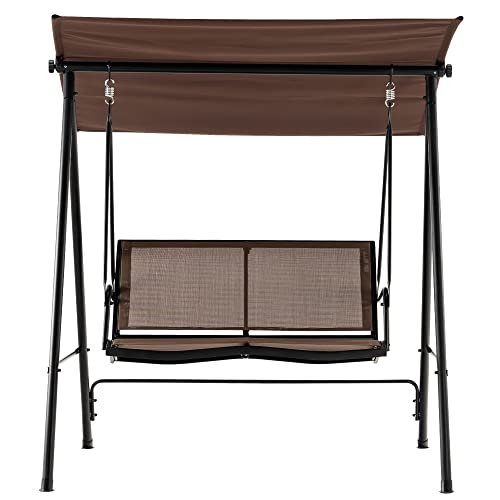 MCombo 2-Person Patio Swing Chair with Adjustable Canopy Outdoor, Steel Frame Breathable Seats Hanging Porch Swing, 4001 (Brown)
