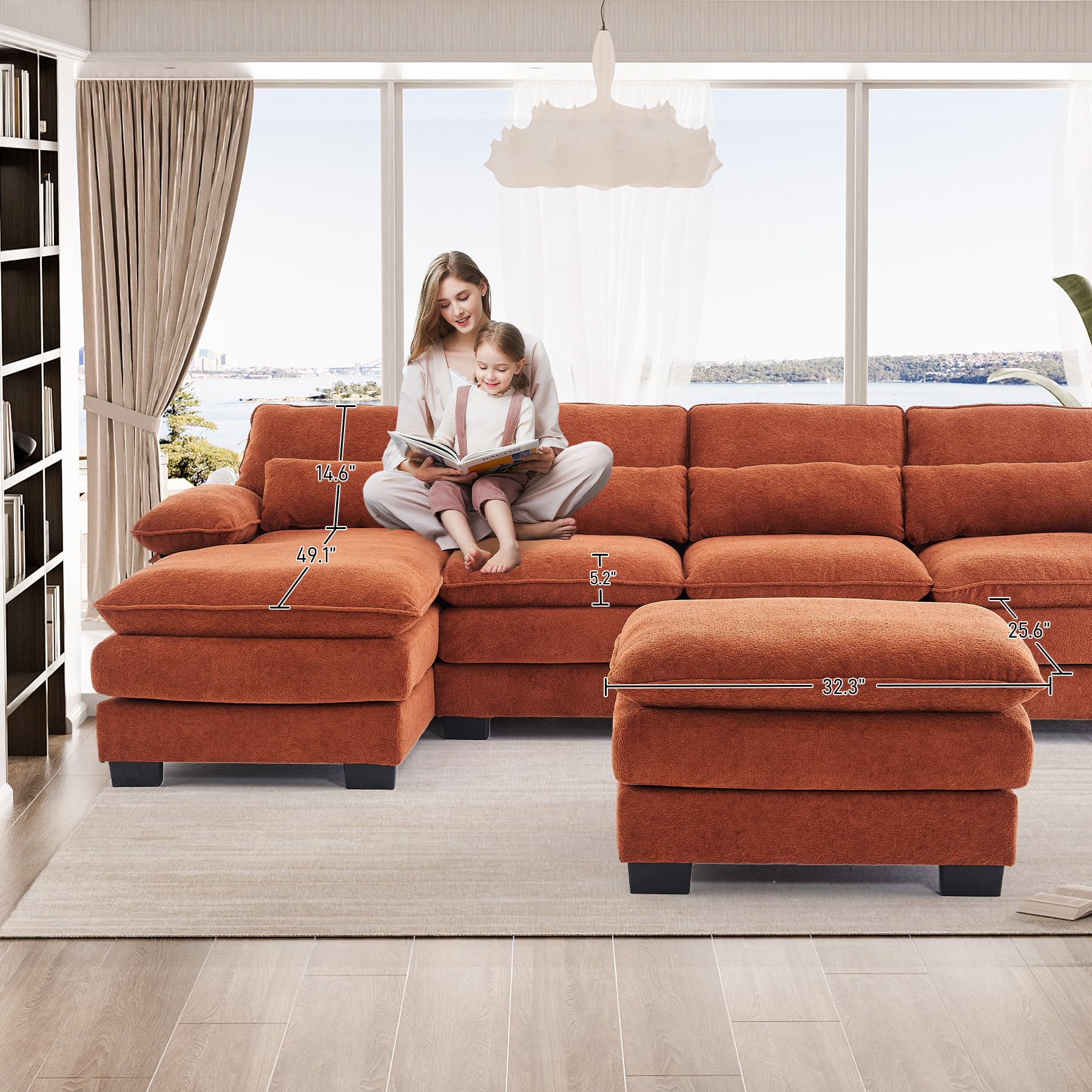 OUYESSIR 114" U Shape Sectional Sofa Cloud Couch for Living Room, Upholstery Comfy Modular Sofa, 4 Seat Chenille L-Shaped Sleeper Sofa with Chaise Lounge, Ottoman & Pillows,Orange