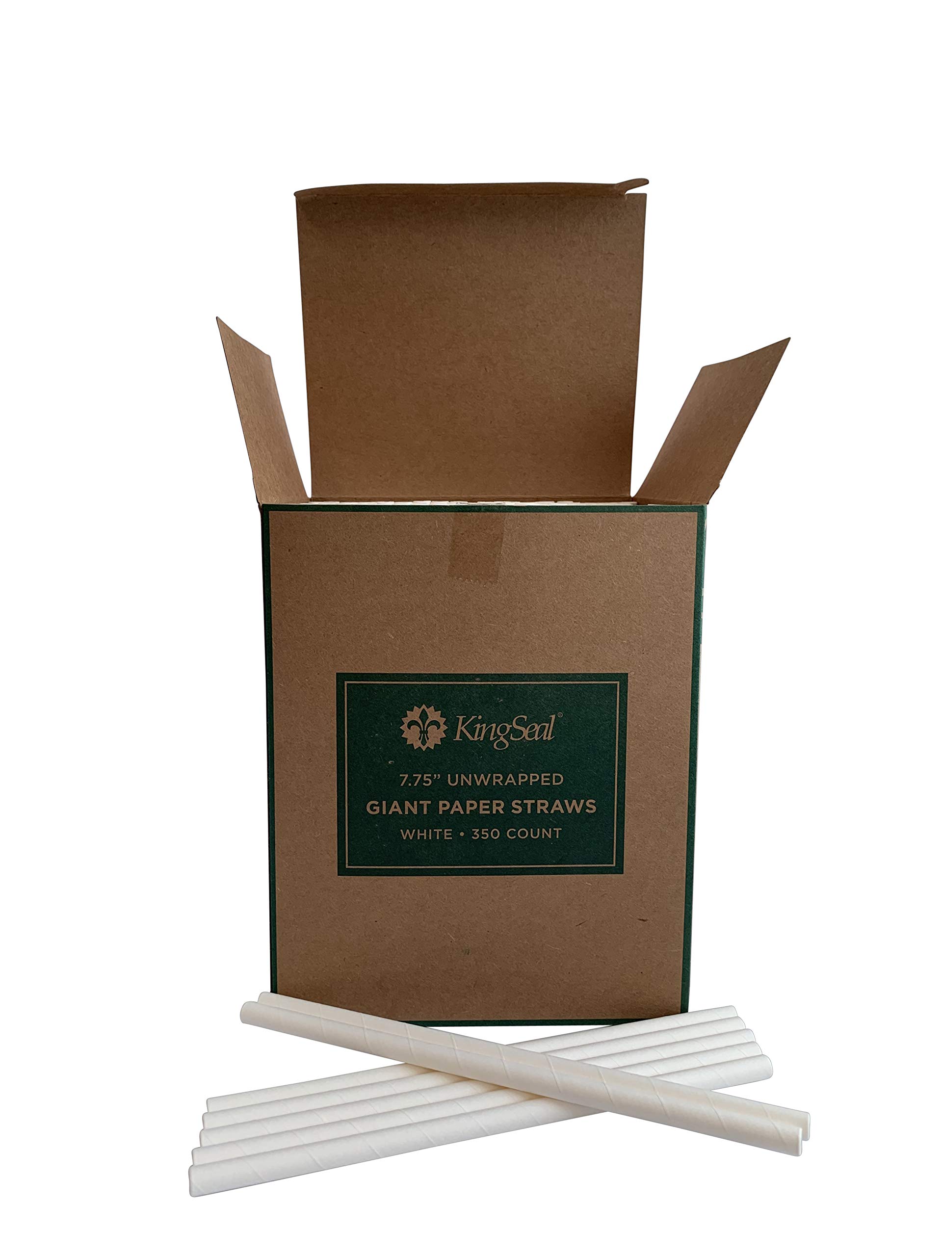 Kingseal Disposable Paper Drinking Straws, Unwrapped, WHITE, 7.75 Inch Length x 8mm Diameter, Giant" Size, White, Biodegradable, Earth Friendly, Bulk Pack - 1 Box of 350 Straws