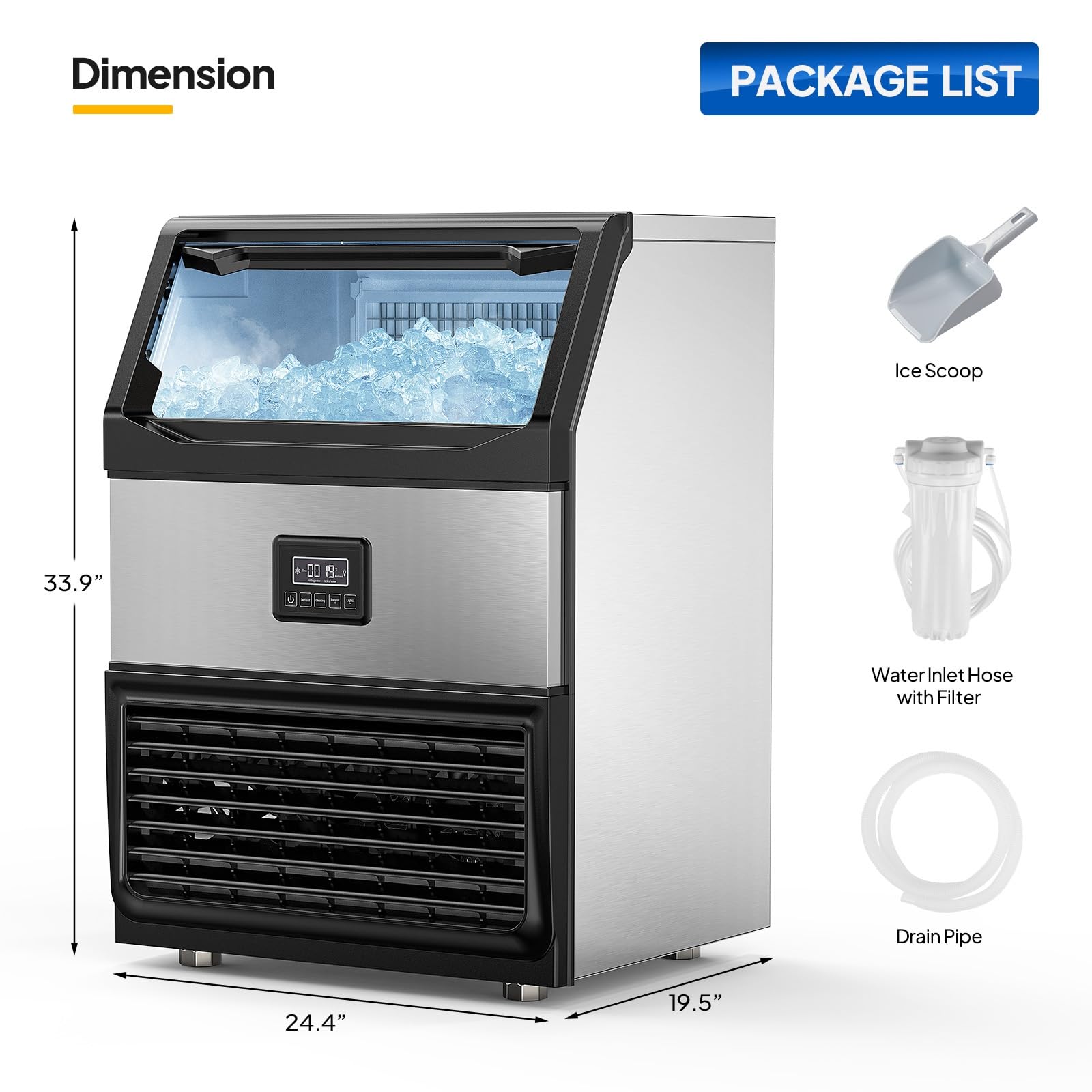 ROVSUN 360lbs/24h Commercial Ice Maker, Freestanding Ice Machine with LED Control Panel & 77lbs Storage Bin, Perfect for Restaurant Bar Cafe Home Office, Includes Scoop & Connection Hose