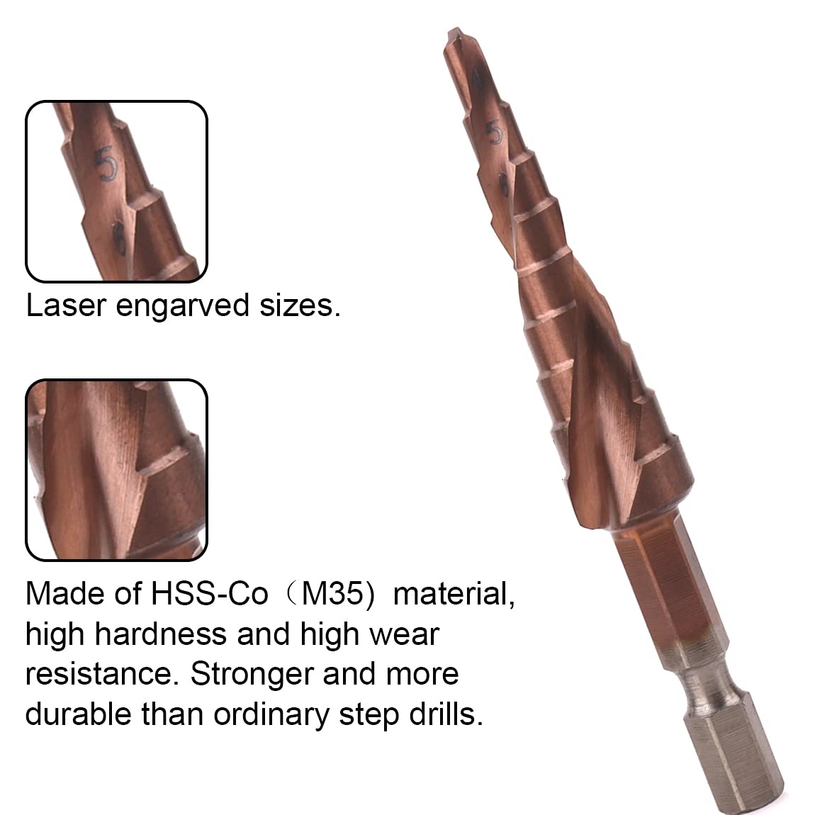 LWCUSNJ Cobalt Step Drill Bit, M35 5% HSS Co, Spiral Flutes and 1/4 Inch Hex Shank, Unibit Step Bit for Hole Drilling in Metal, Copper, Aluminum, Wood, Plastic (4-12mm,1pc)