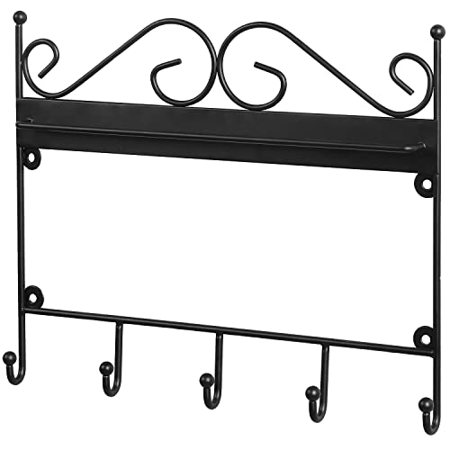 MyGift Wall Mounted Black Metal Wire Hanging Sunglasses Display Holder and Key Rack Organizer with 5 Hooks and Scrollwork Design