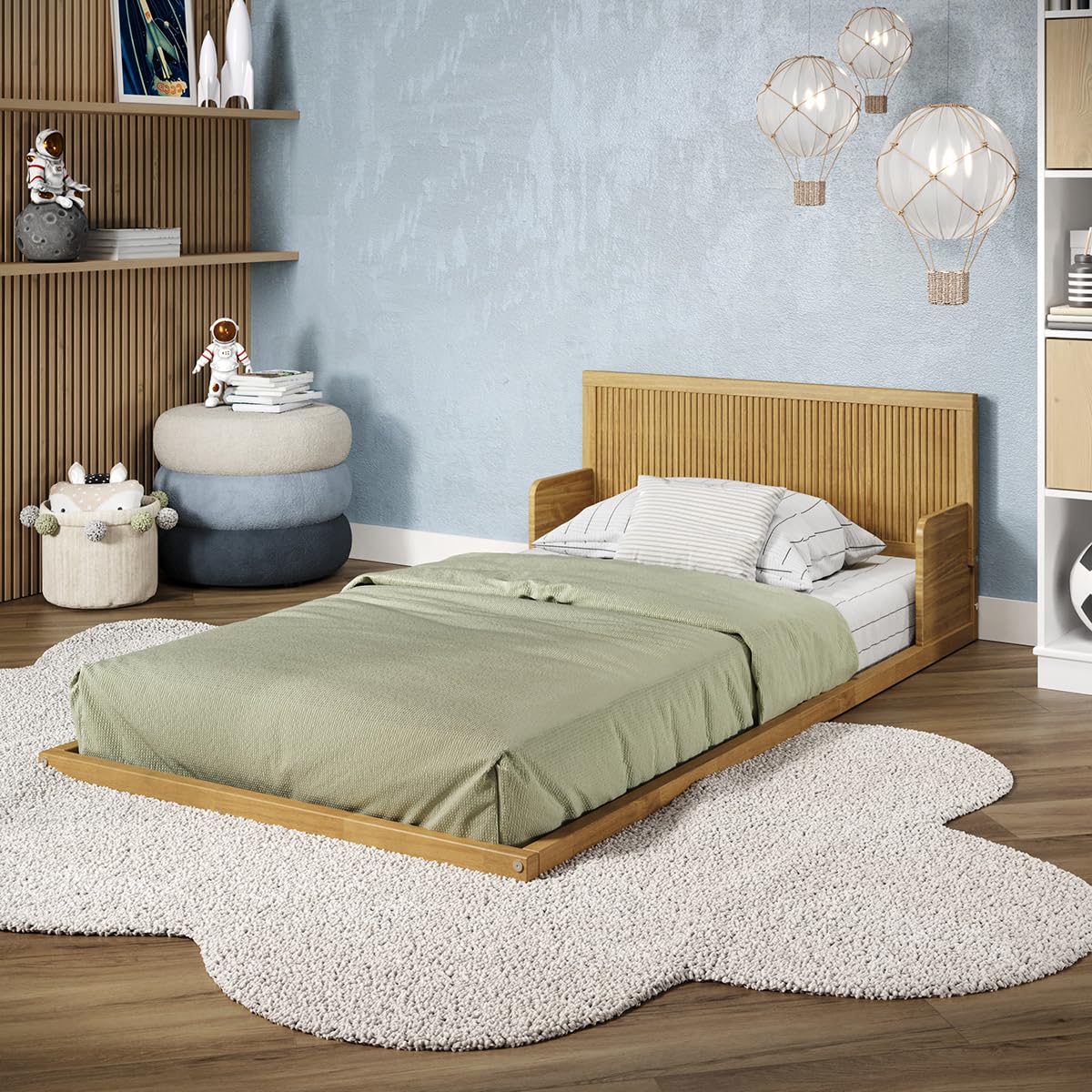 P'Kolino Natural Oak Twin Reeded Wood Floor Bed - Montessori Inspired Floor Bed for Kids - FSC Certified Solid Pine Wood Construction