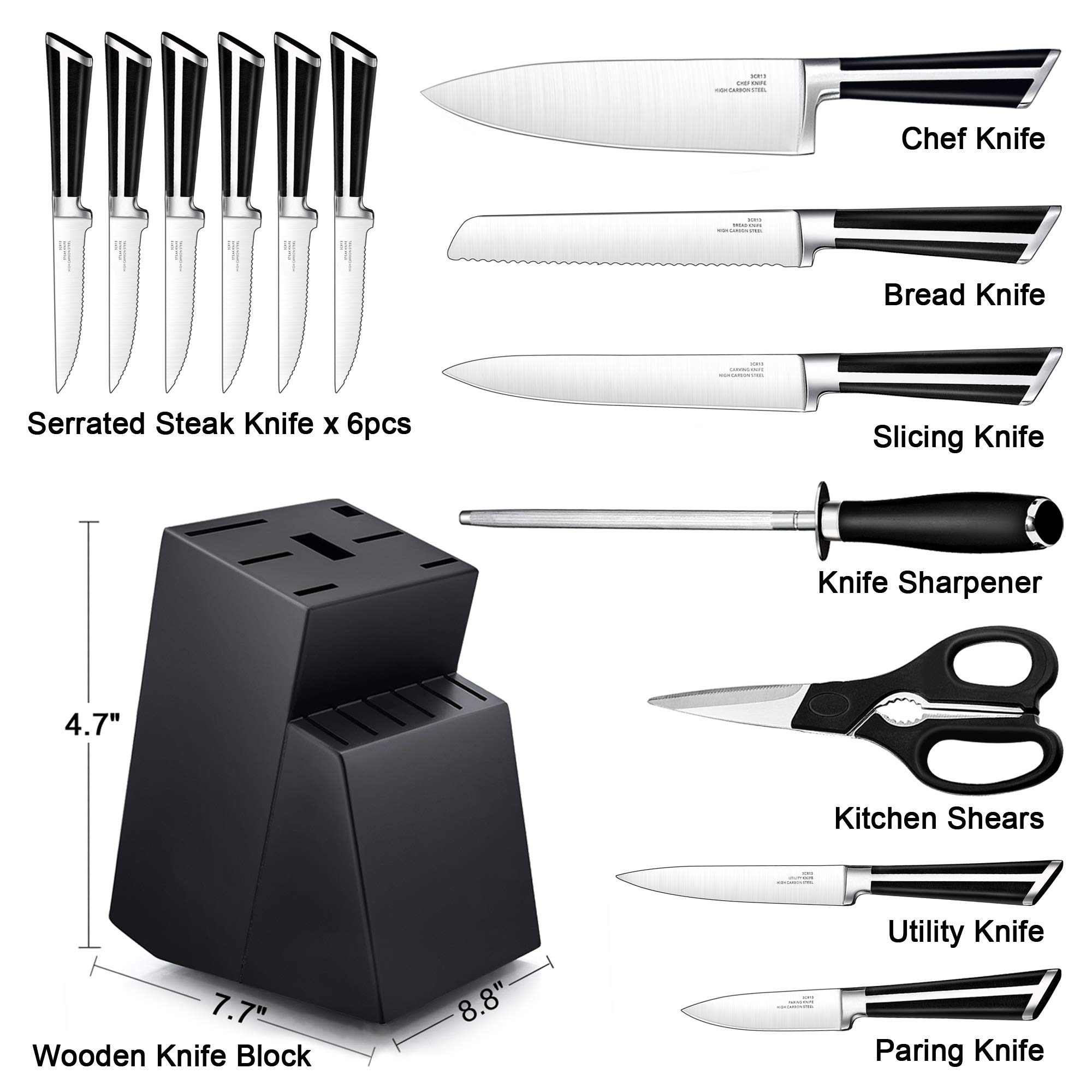 LIANYU 14-Piece Knife Set, Kitchen Knife Set with Block, Professional High Carbon Stainless Steel Chef Knife Set, Forged Knives Set with Honing Steel, Ultra Sharp