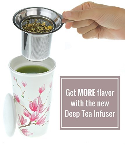 Willow & Everett 16oz Ceramic Travel Mug with Lid. Magnolia Double-Walled Tea Cup with Tea Infuser and Bonus Silicone Top. Tall Coffee and Tea Mug Tea Cups Loose Leaf Tea - Tea Mugs Tea Steeper