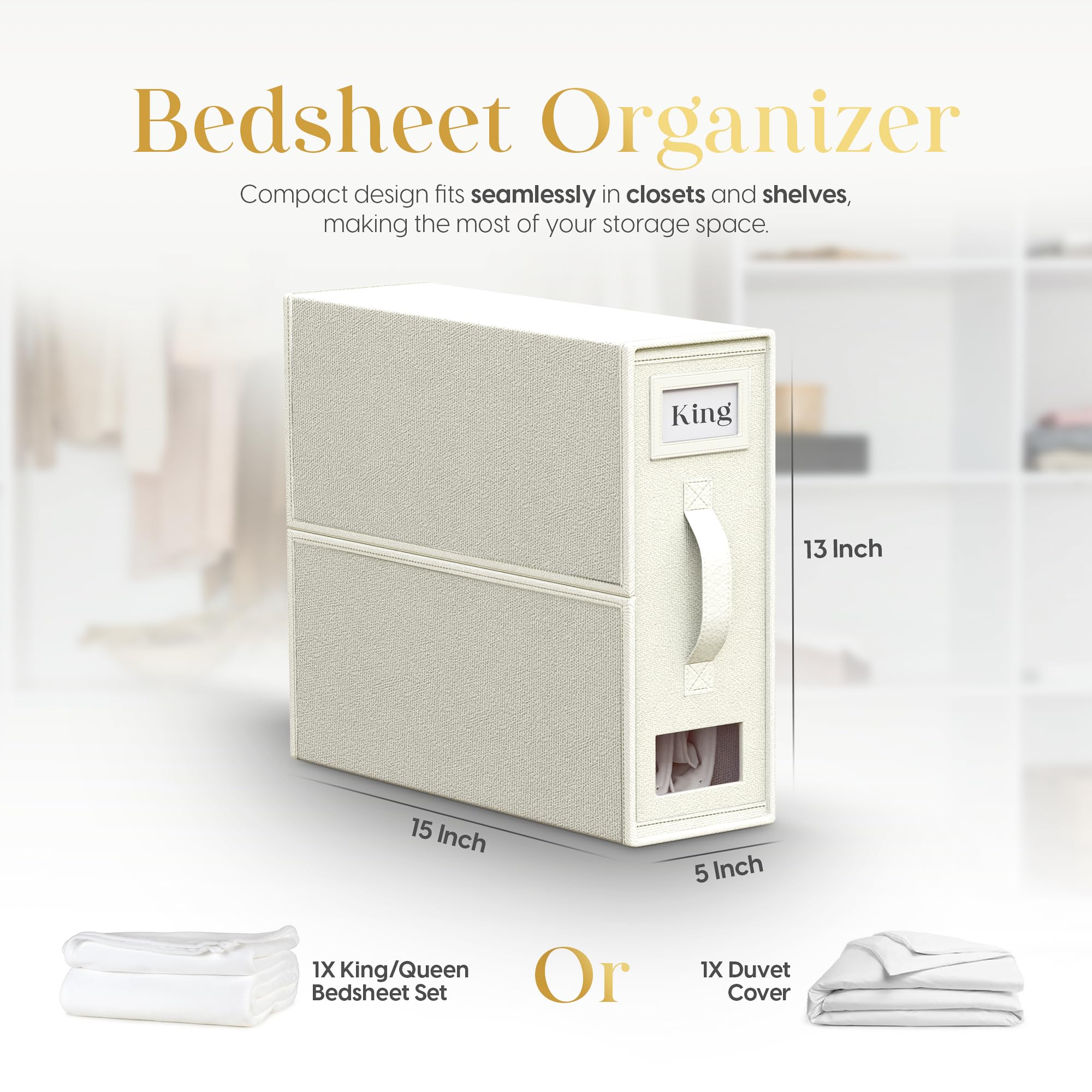 Luxury Lineup Bed Sheet Organizer 4 Pack, Foldable Linen Closet Organizers and Storage, Sheet Organizer Queen & King Size, Bedding Storage Box for Bedsheets, Duvet Covers and Pillow