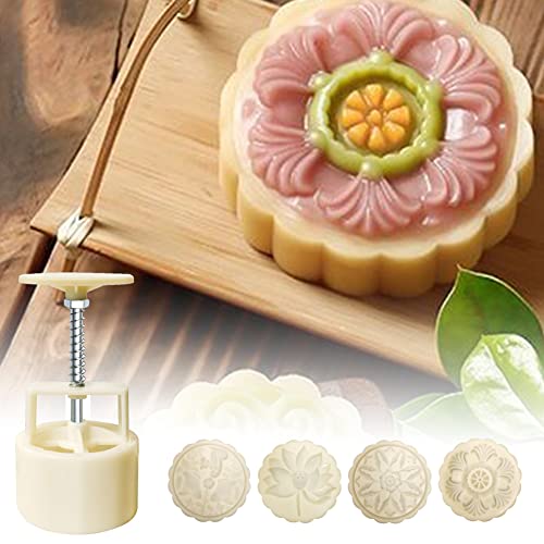 Moon Cake Mold Set 125g, Mid-Autumn Festival Hand-Pressure, Cookie Stamps for baking Mooncake Press for 4 Sets…