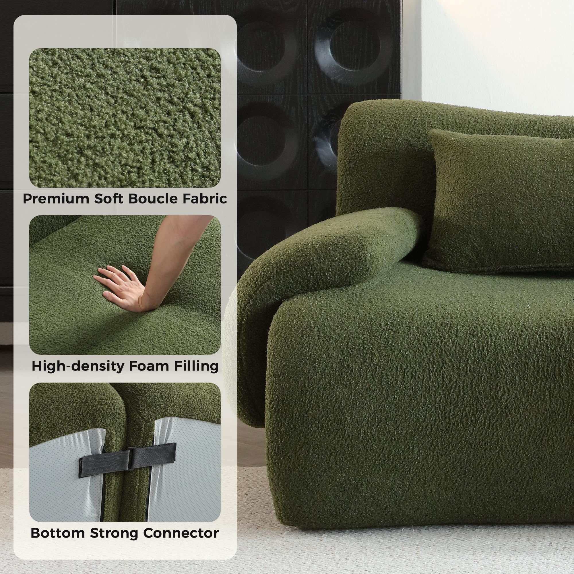 Rubikliss Deep Seat Sectional Sofa,78" Comfy Cloud Loveseat Sofa with Boucle Fabric, Oversized Sectional Couches with 2 Pillows for Living Room Bedroom Apartment Office, No Installation, Green