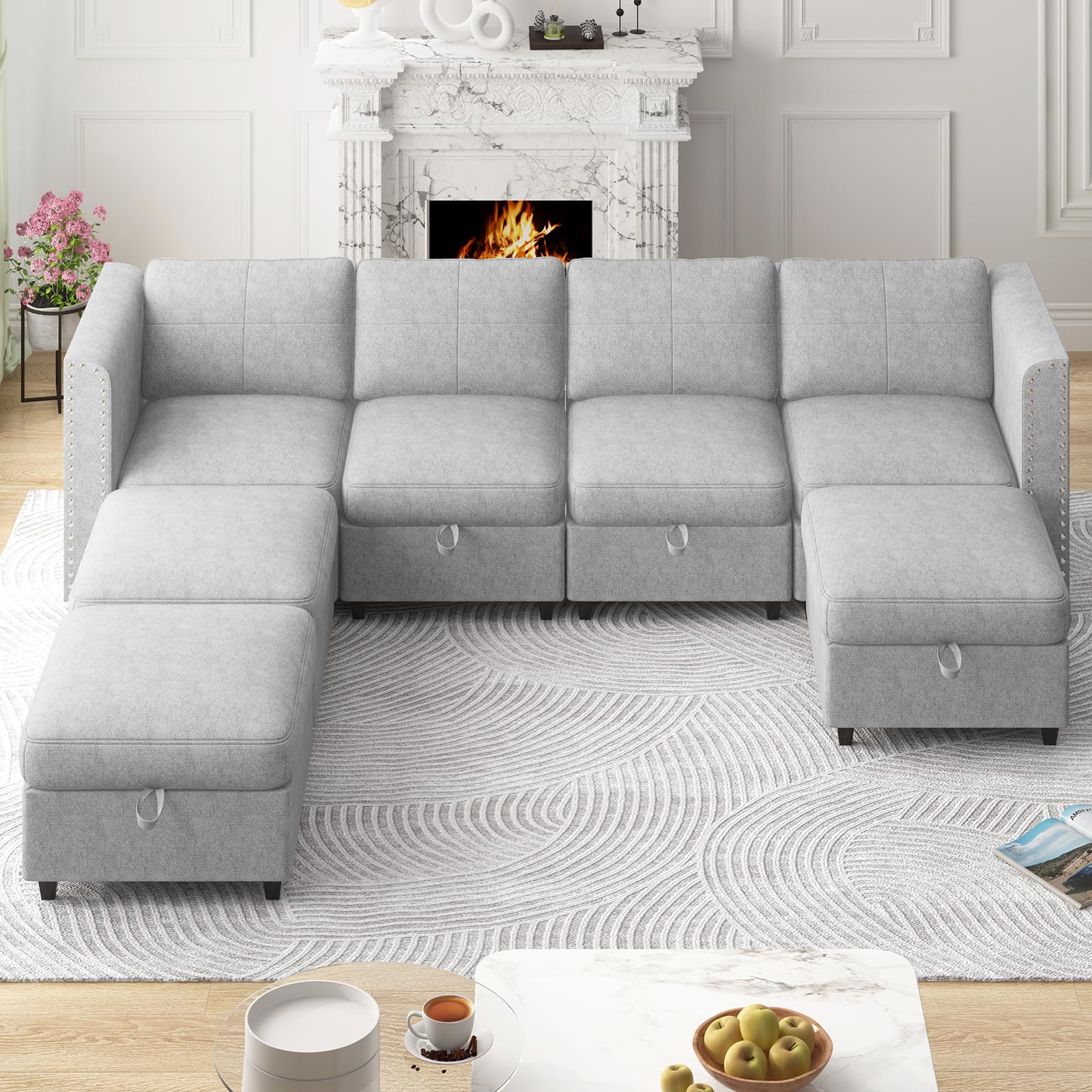 PUREMIND 110" U Shaped Sectional Couch, Modular Convertible Sectional Sofa with Storage, 7 Seat Sofa Couches for Living Room, Light Grey