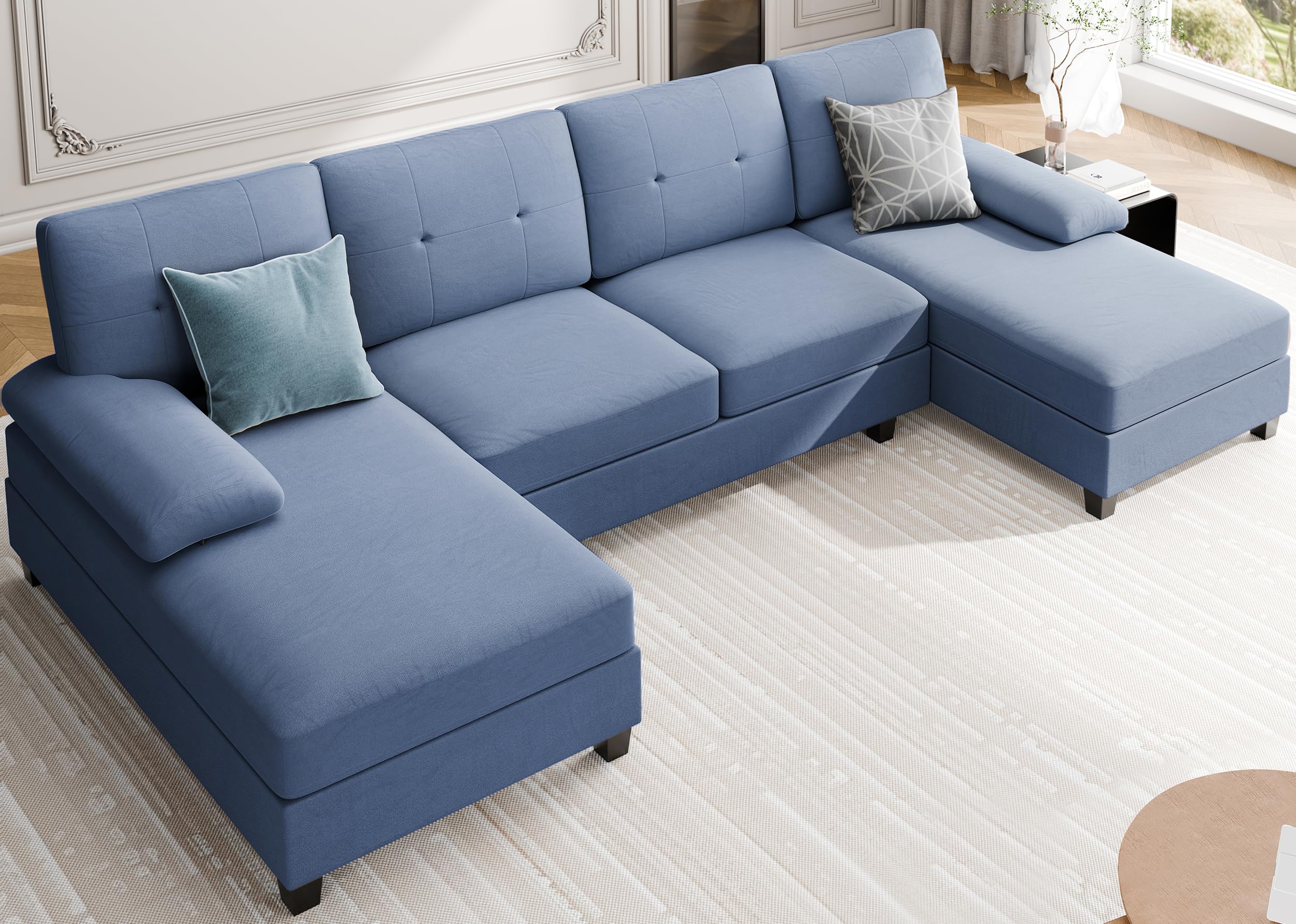 Meilocar Sectional Couches for Living Room, 4 Seat Sofa Set U Shaped Couch with Wide Double Chaise, 106in Modern Sofa Fabric Large Couch with Oversized Seats (Blue)