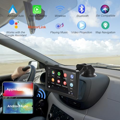 Portable Car Stereo with Wireless Apple Carplay and Android Auto - 7" Touchscreen Car Radio with Bluetooth | Mirror Link | Dash or Windshield Mounted