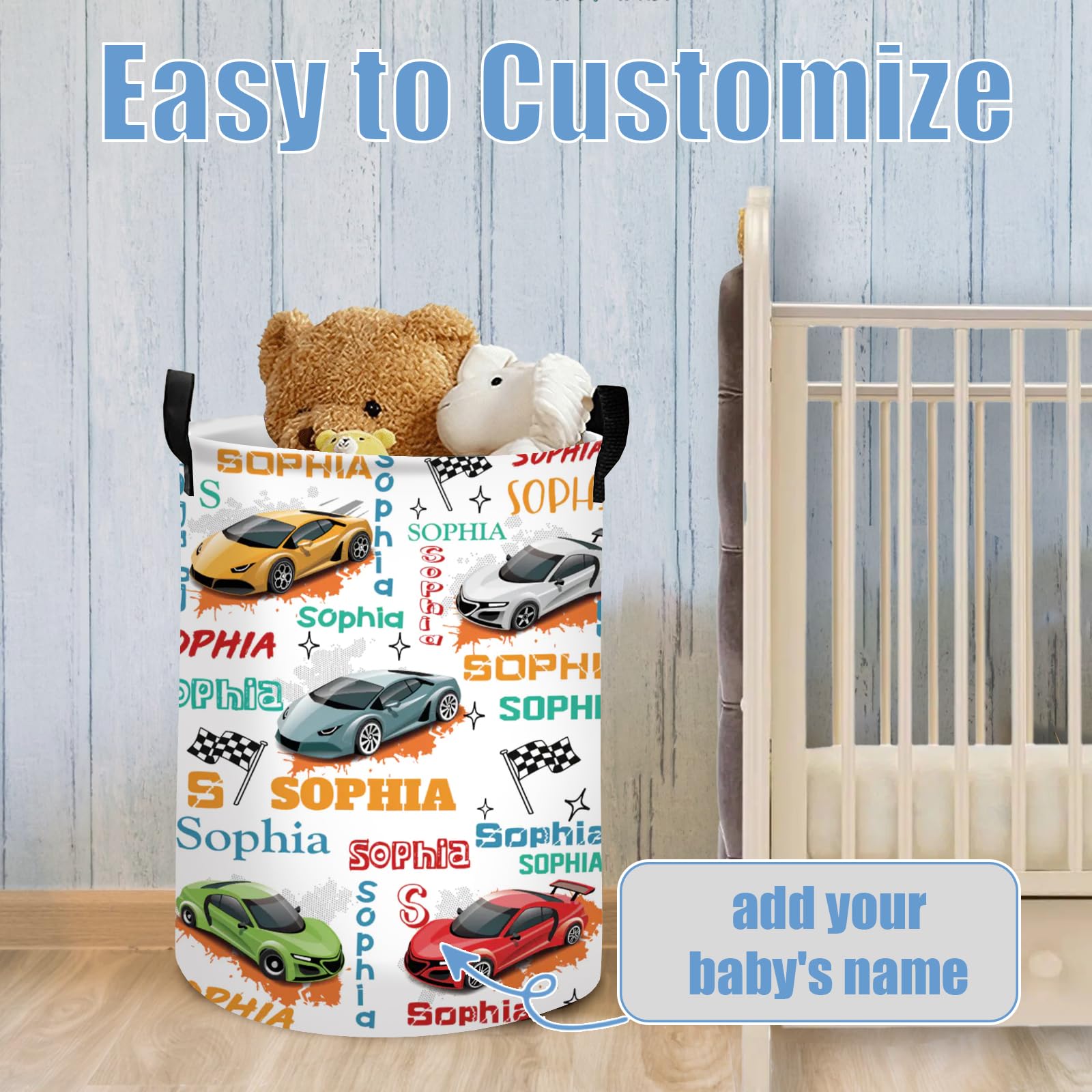 Rucekia Custom Name Truck Laundry Baskets for Nursery, Personalized Baby Boy Laundry Basket with Name, Customize Baby Name Laundry Hamper Kids Storage Organizer 2 Sizes