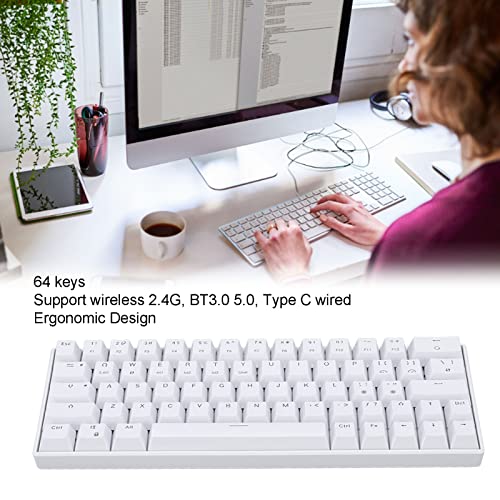 Mechanical Keyboard, 64 Keys RGB Mechanical Gaming Keyboard for PC Laptop Tablet Smartphone, Wireless/BT/Wired 3 Modes Connect, White Computer Keyboard for Windows, for IOS, for Android(Brown Switch)
