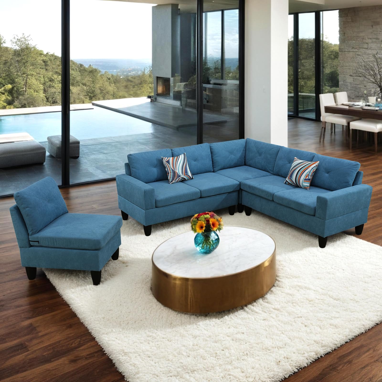Rovibek L Shaped Sectional Sofa Couch U Shaped Couches for Living Room 6-Seater Corner Sofa Furniture Sets, Blue