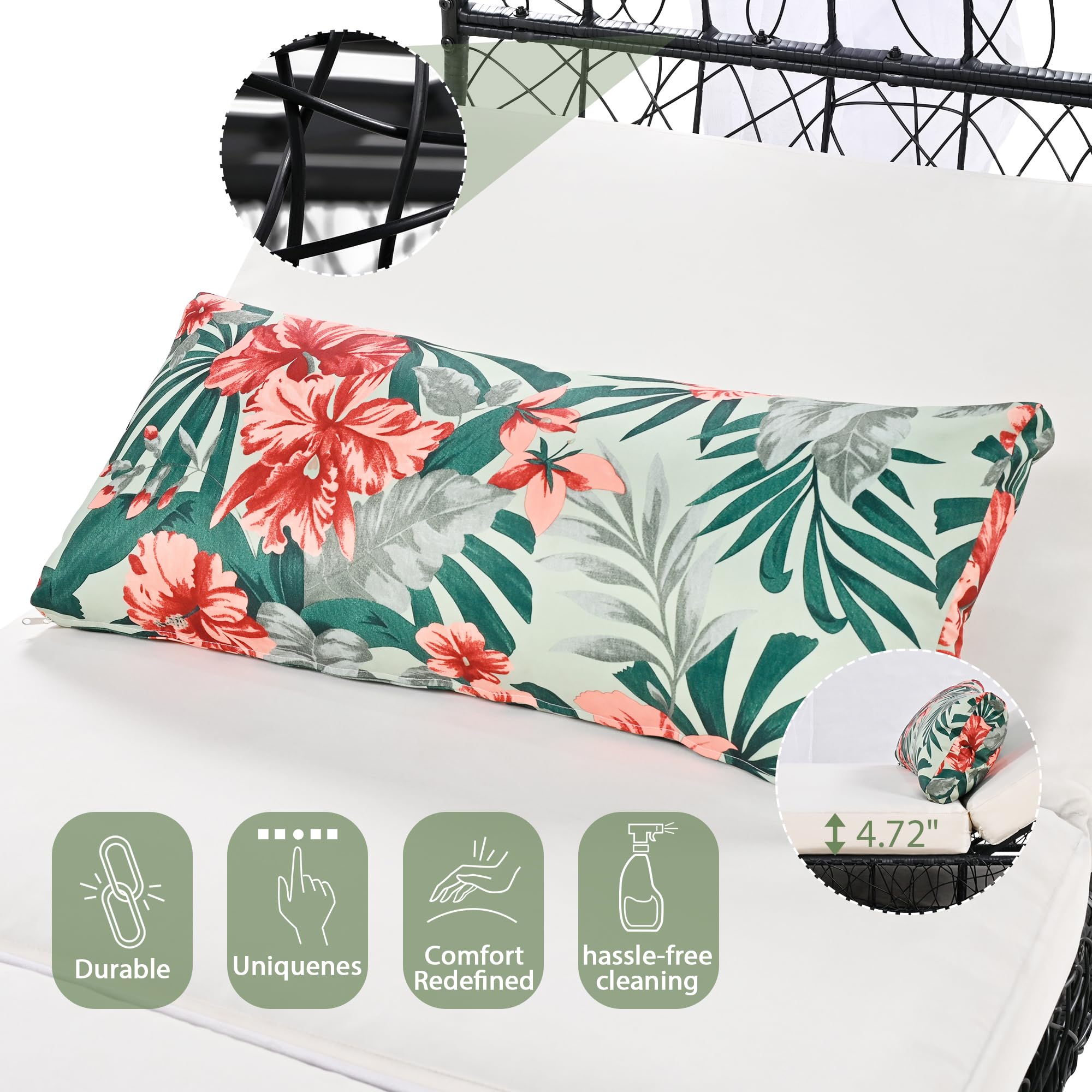 LUMISOL Outdoor Patio Daybed with Curtain, Sunbed with Cushion and Colorful Pillow, 90.55" Wicker Lounge Chairs Backrest Adjustable Recliners for Lawn Garden Poolside, Beige Cushion and Black Wicker