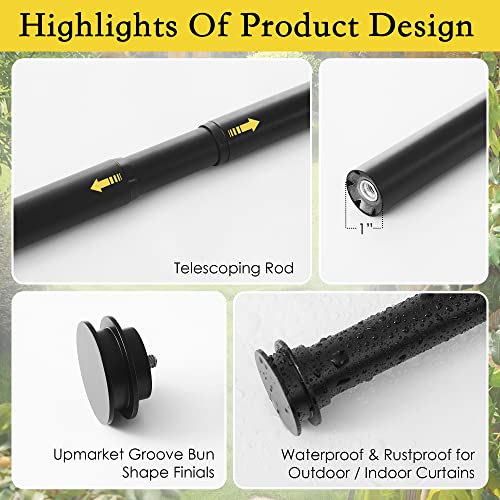NICETOWN Rustproof & Waterproof Heavy Duty Outdoor Patio Curtain Rod Set with Classic Groove Round Finials, 1 inch Diameter Adjustable Length 72 to 144" Length, Matte Black