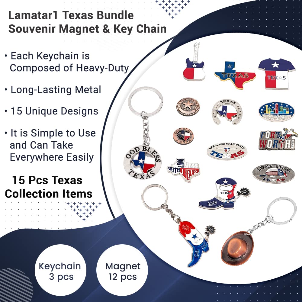 Lamatar1 Texan Charm: 15-Piece Souvenir Magnet & Keychain Set - Hat, Boot, God Bless' Design - Unique Texas Collection