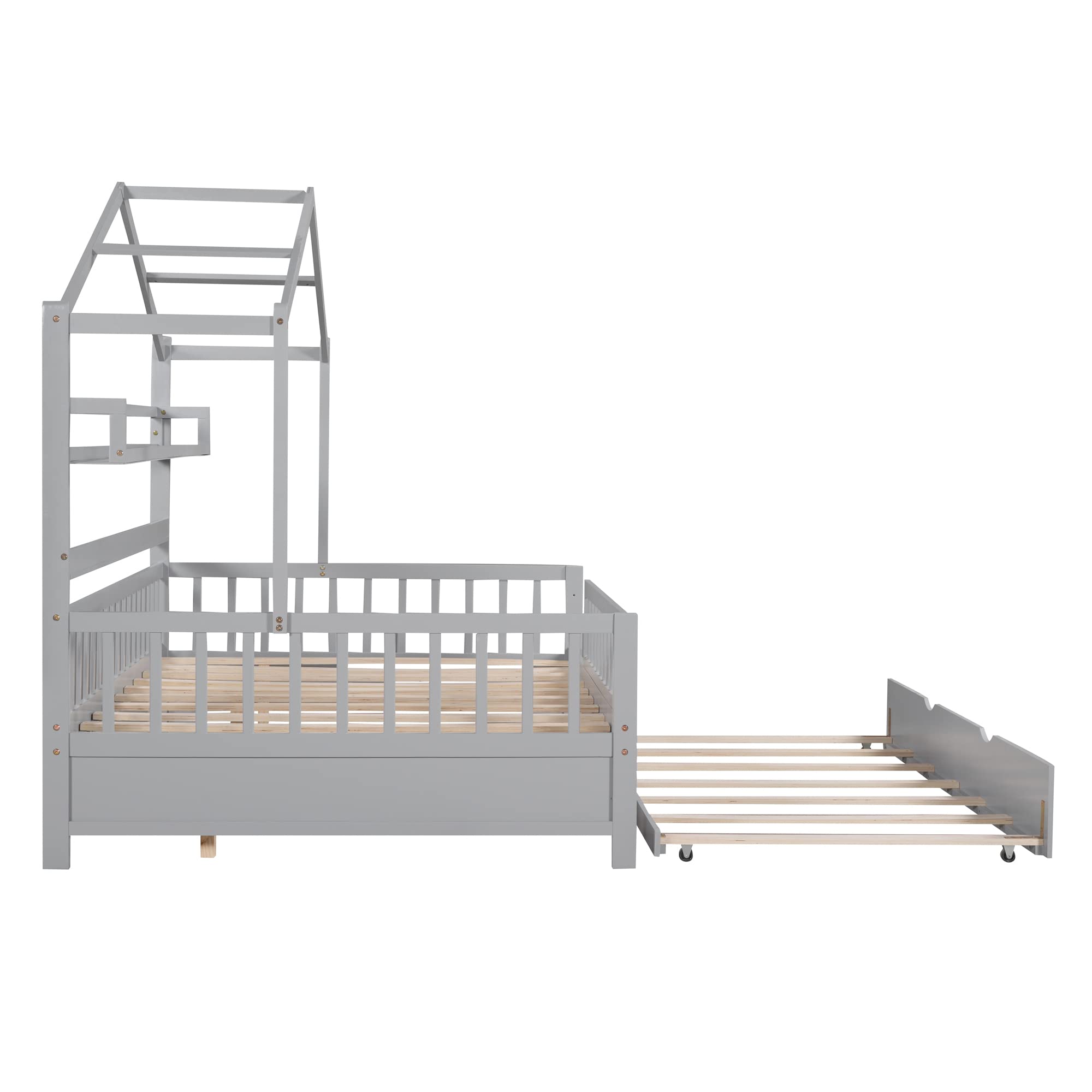 P PURLOVE Full Size House Bed Frame with Trundle,Montessori Bed Frame for Kids,Kids House Bed Frame with Shelf for,Full Size Daybed with Trundle with Slat,No Box Spring Need,Gray