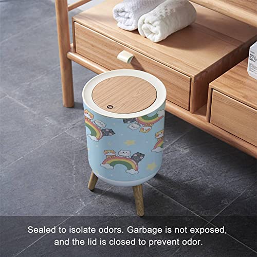 Trash Can with Lid Seamless Cute cat Rainbow Sky Animals Character Cartoon Design Press Cover Small Garbage Bin Round with Wooden Legs Waste Basket for Bathroom Kitchen Bedroom 7L/1.8 Gallon