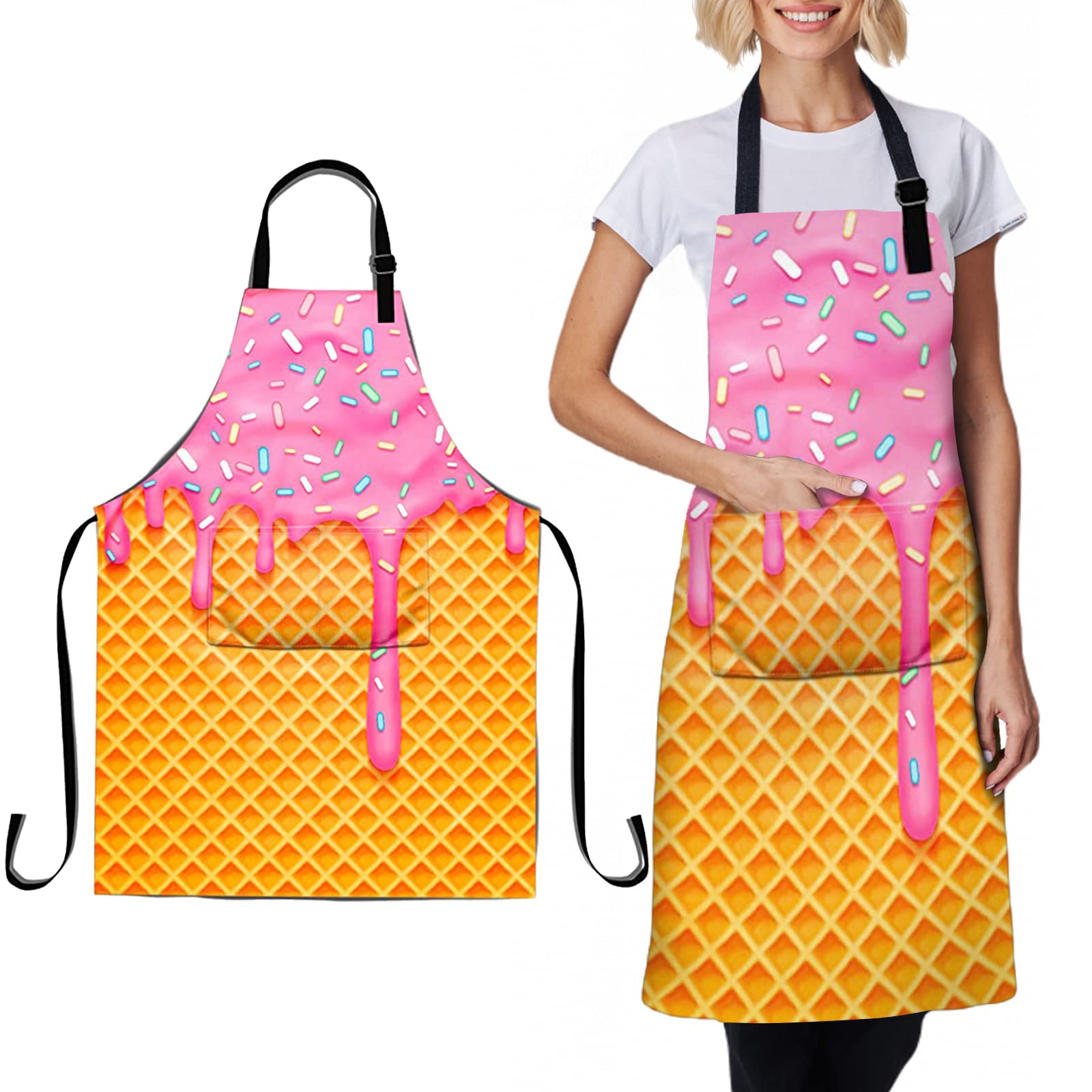 LMSM Ice Cream Apron Melting Ice Cream Cones Colored Sprinkles Funy Apron With Adjustable Neck For Unisex Kitchen