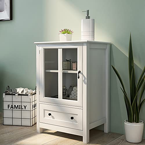 Modern Storage Cabinet with Single Glass Door, Handle and Drawer, Buffet Sideboard Console Table Side Table for Hallway Entryway Kitchen Living Room, White