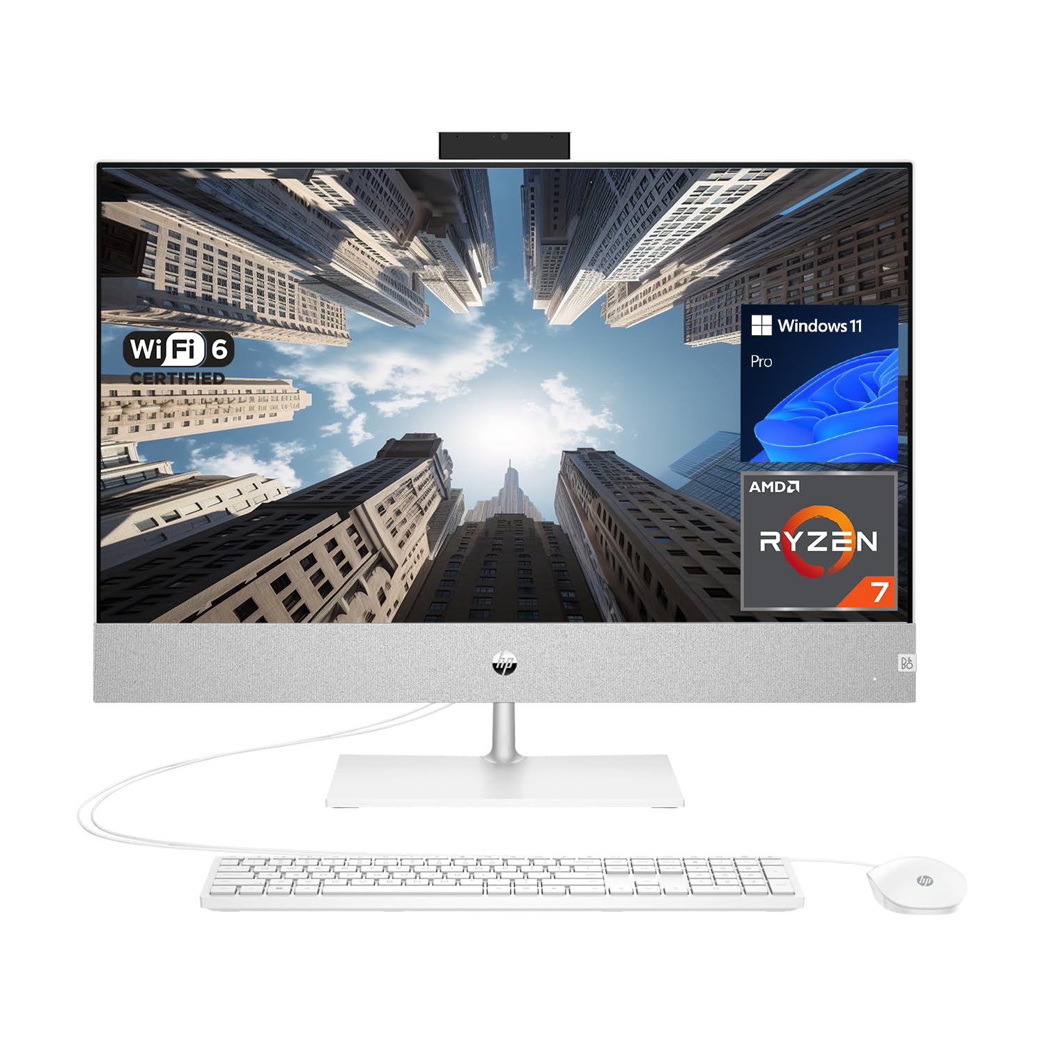 HP Business Pavilion 27" All in One Desktop, AMD Ryzen 7 5700U Processor, 32GB RAM, 1TB SSD, Micro-Edge, Anti-Glare, Wi-Fi 6, Webcam, HDMI, Wired Keyboard&Mouse, Windows 11 Pro, White