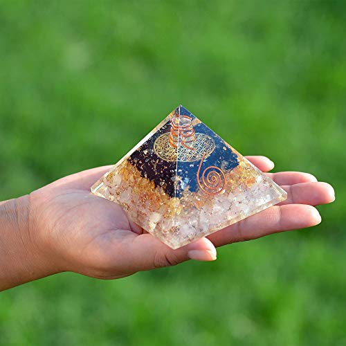 Orgonite Crystal Orgone Pyramid for Triple Health Protection with Black Tourmaline, Citrine and Rose Quartz β Positive Energy Generator for Healing, Wealth and Prosperity