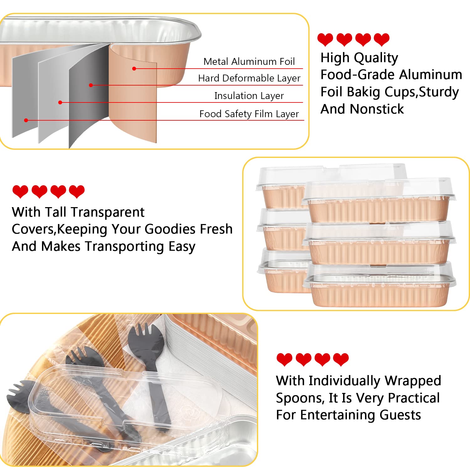 LNYZQUS Disposable Mini Cake Pans With Lids 50 Pack, 6.8oz Rectangle Baking Cups Muffin Tins, Aluminum Foil Tins Loaf Holders For Brownie Bread -Champagne