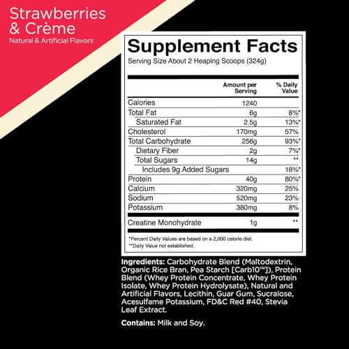 Rule 1 R1 Mass Gainer, Strawberries & Creme - 5.71 Pounds - 40g of All-Whey Protein with 6:1 Carb-to-Protein Ratio - 8 Servings