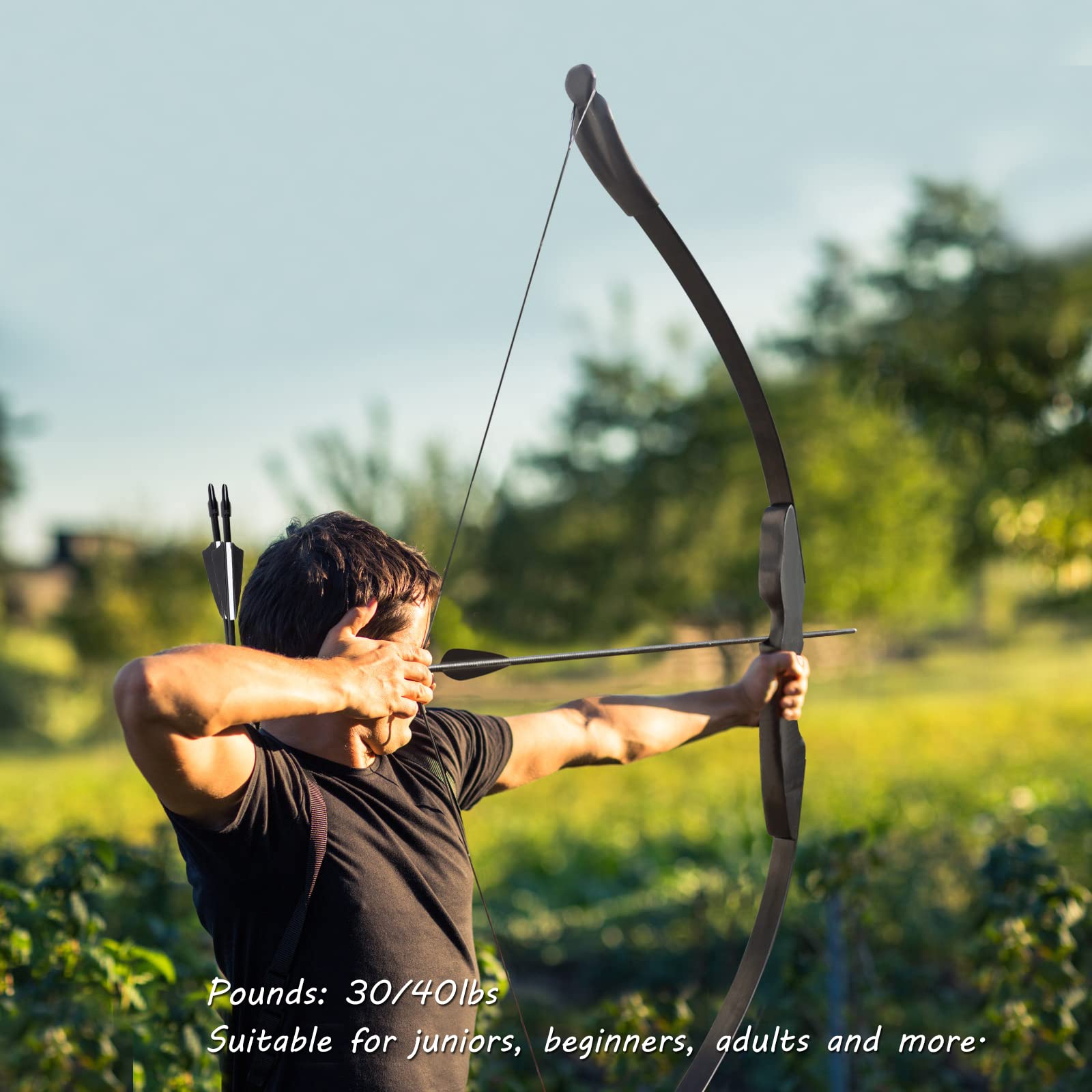 LDNUSSGEX Recurve Bow and Arrow Set for Adults Beginner, 52'' Traditional Wooden Bow, 30LB/40LBS Right Hand Archery Long Bows for Outdoor Training Target Practice Gift Backyard Game (Black 30lb)