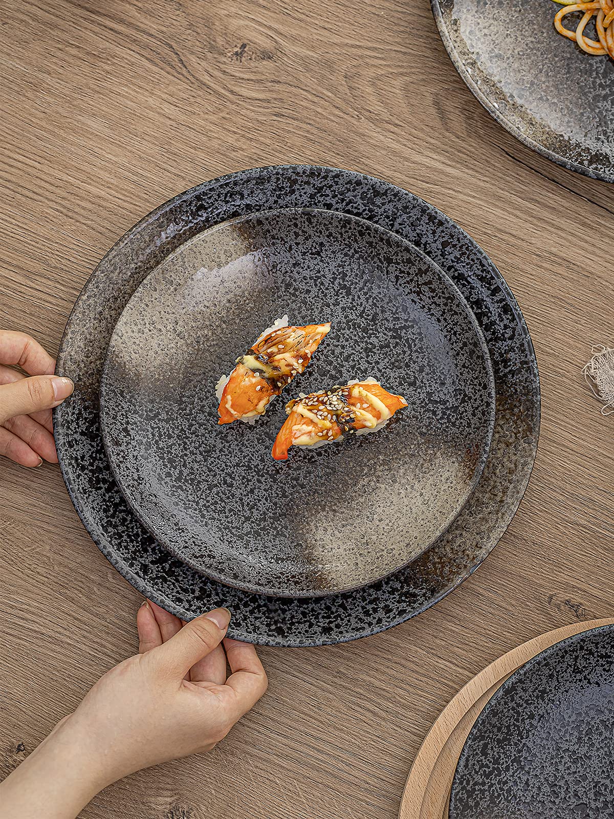 Kanwone Ceramic Dessert Salad Plates - Set of 6, 8 Inch, Kitchen Round Plates for Dessert, Salad, Snacks, Appetizers, Steak, Microwave, Oven and Dishwasher Safe, Black Glazed