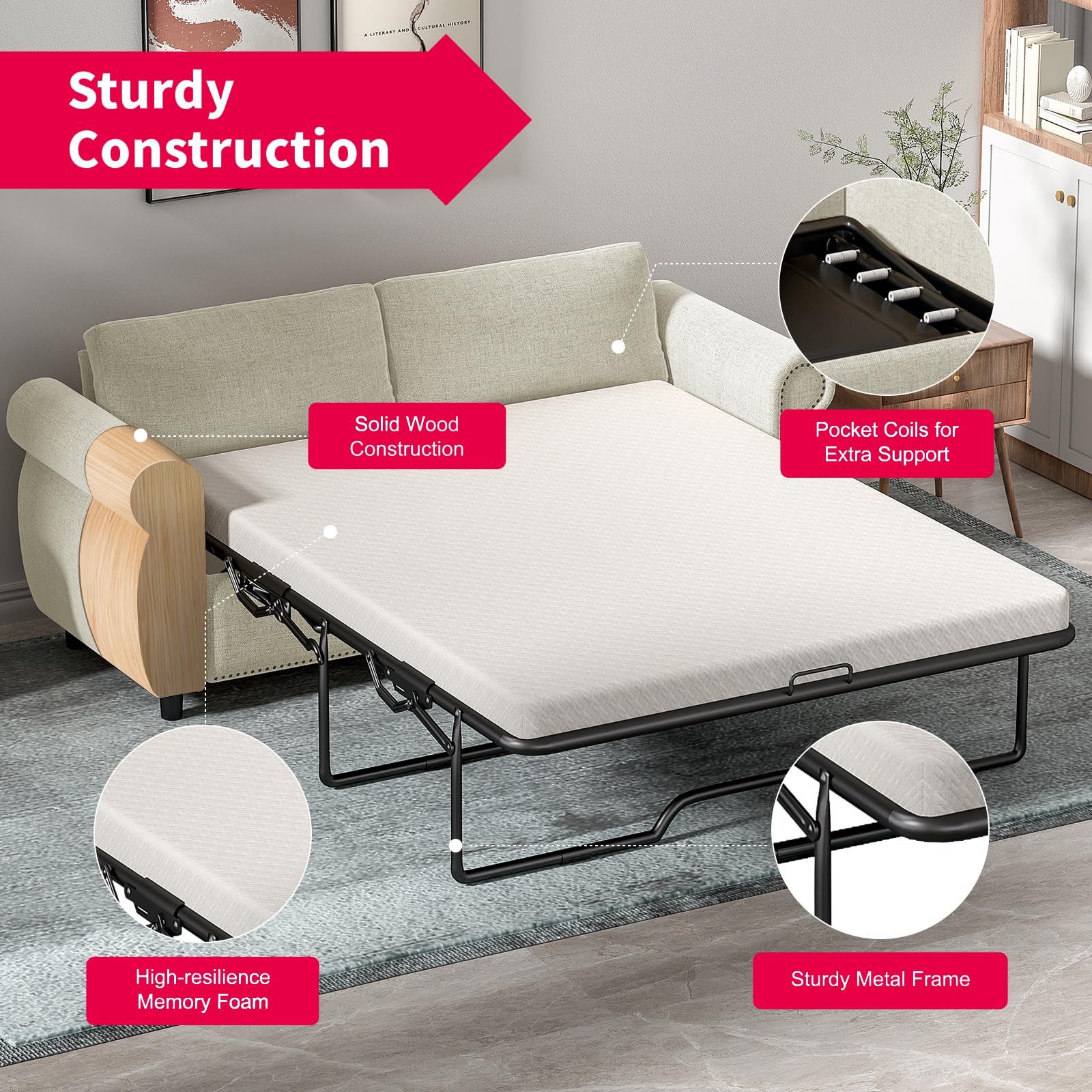 MUZZ Pull Out Sofa Bed, Full Sleeper Sofa Couch with 4" Thick Memory Foam Mattress, Modern Linen Sectional Loveseat with Rivet Decoration, Pull Out Couch for Living Room,Office(Grey,Full)