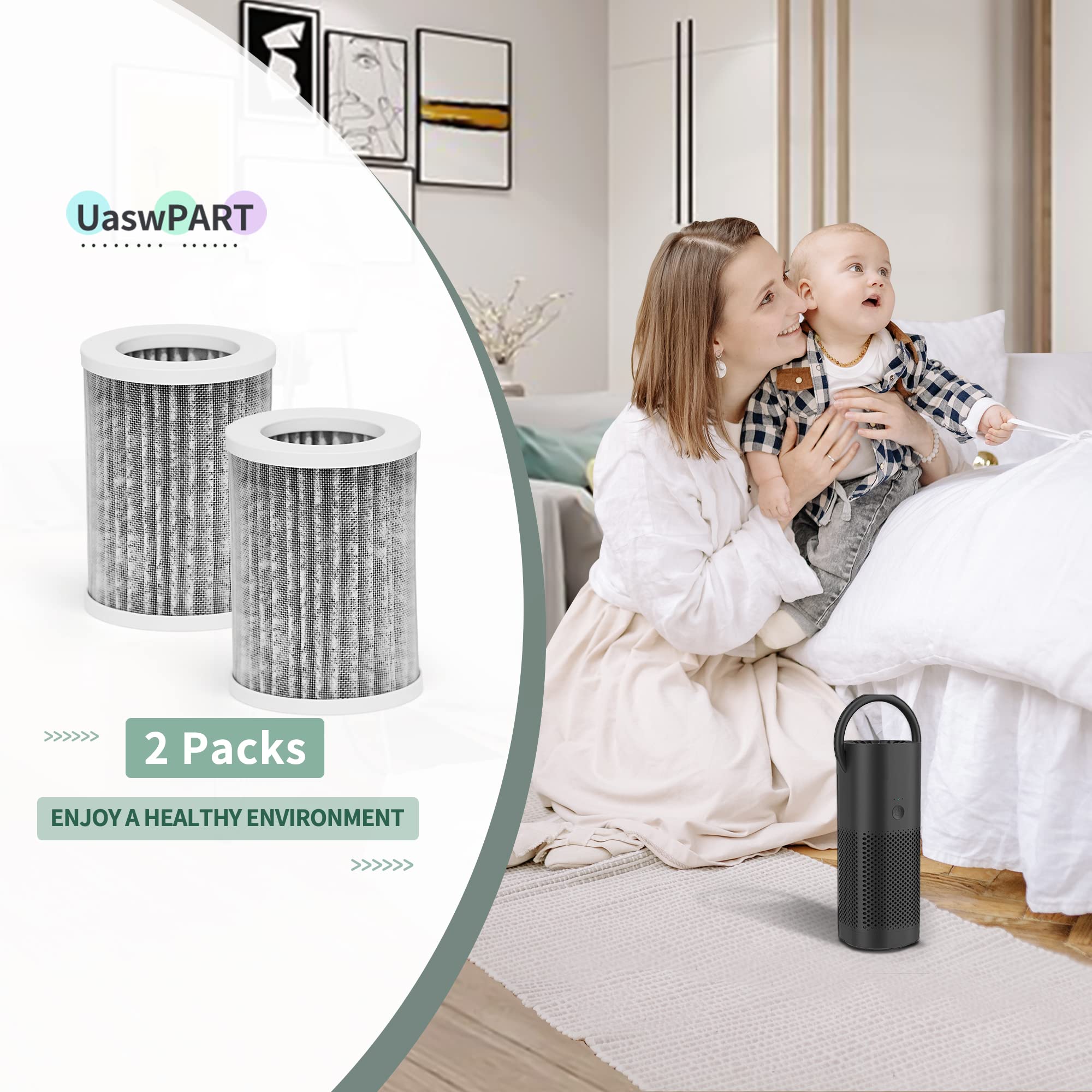 MINI Portable Filter Replacement Compatible with Pure Enrichment Filter, PureZone Mini True HEPA Air Filter Part# PEPERSAP, Premium True HEPA with Carbon Pre-filter 2-IN-1, 2-Pack