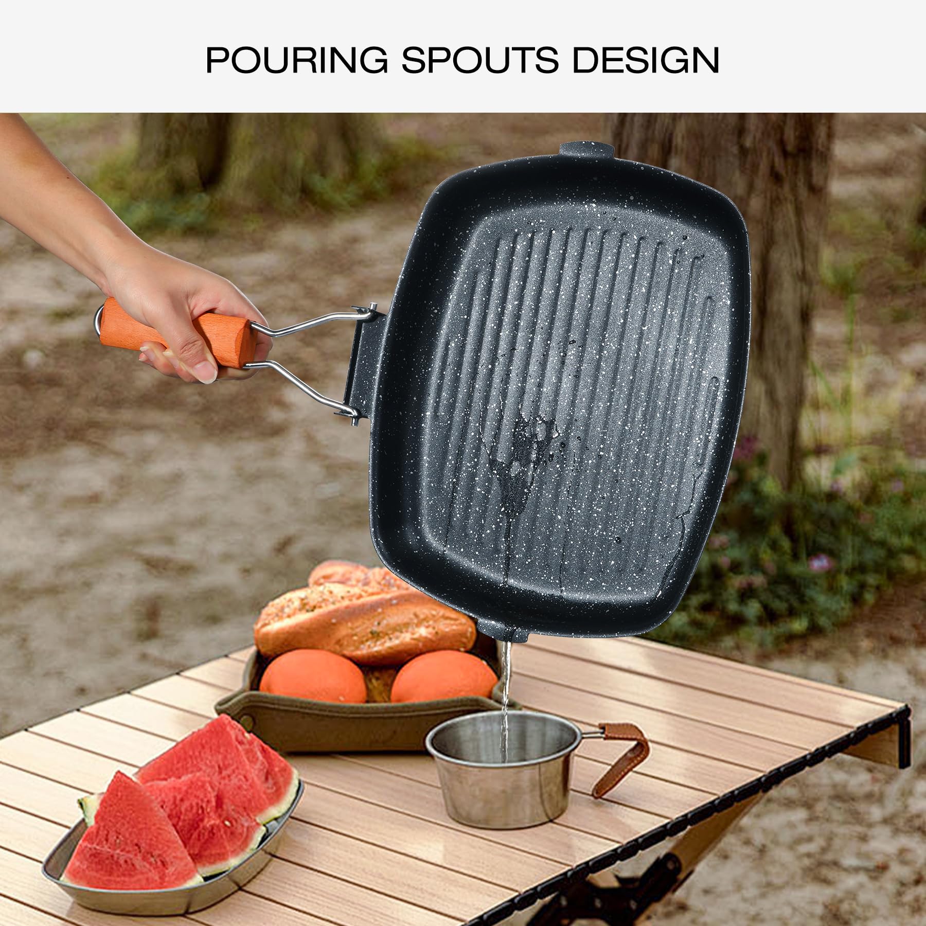 REDCAMP Nonstick Grill Pan with Folding Handle for Stove Tops, Versatile Griddle with Pour Spouts, Durable Skillet Indoor & Outdoor Grilling, Black Steak Pan, Compatible with All Stovetops,11(L)x9(W)