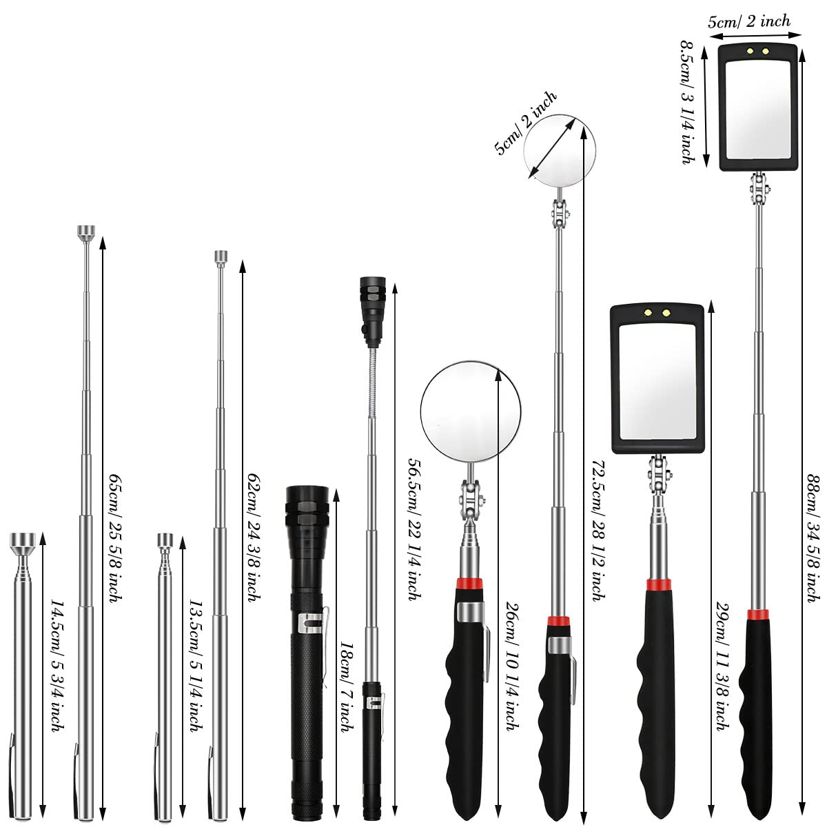 Magnetic Pick-up Tools,5PcsTelescoping Magnetic Pick-Up Tool Dad Father Christmas Gift 15lb/1lb Pick Up Rod, Telescoping Flexible 3 Led Flashlight Round/Square 360° Swivel Adjustable Inspection Mirror
