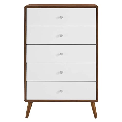 Modway Transmit Mid-Century Modern Wood Walnut White, 5-Drawer Chest