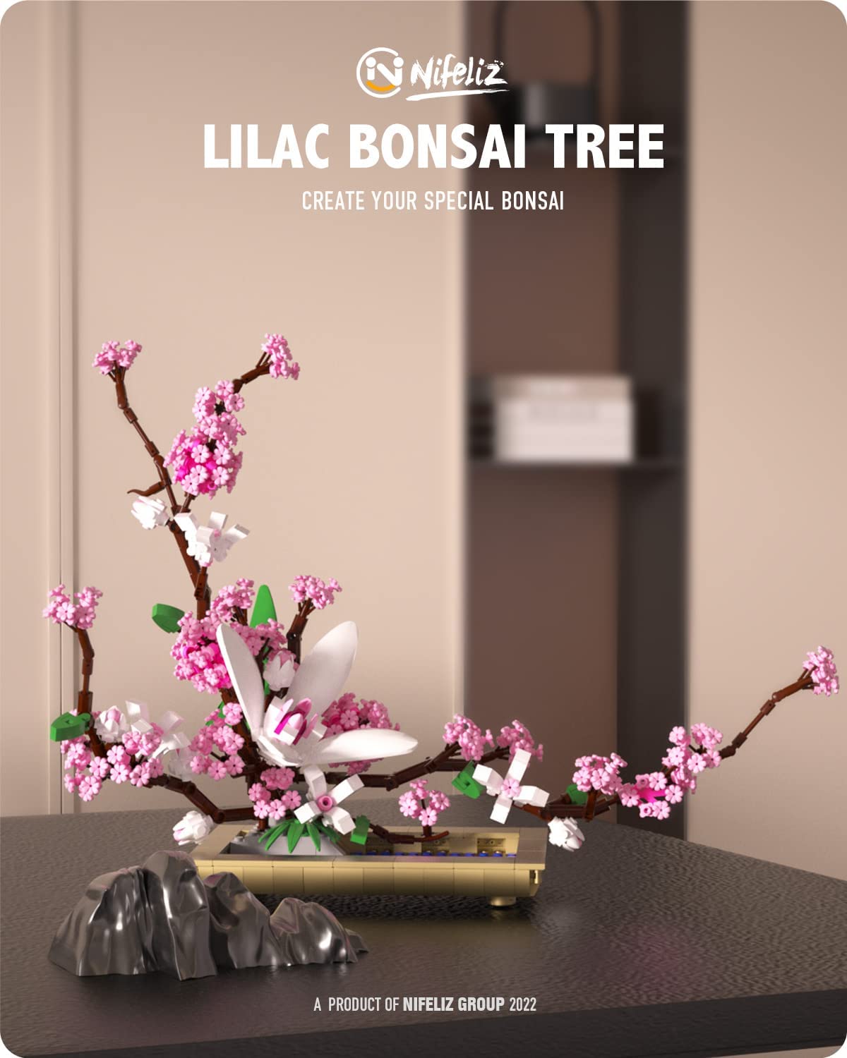Nifeliz Lilac Bonsai Tree Toy Building Kit and Display Model, Unique Home Flower Bouquet Décor Ideas, A Creative and Relaxing Bonsai Tree Building Project for Adults, Botanical Collection(974 Pieces)