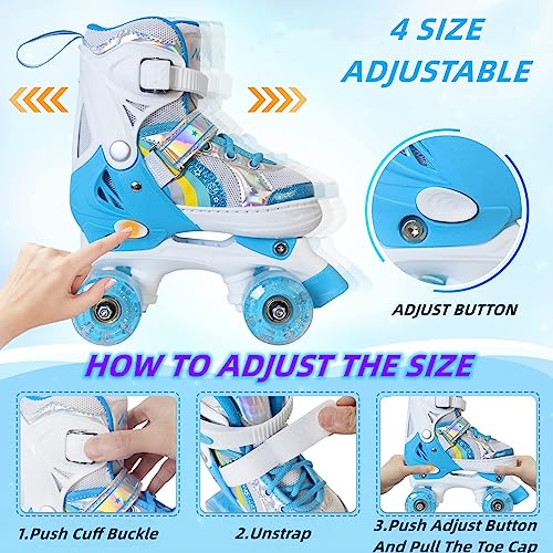Nattork Girls Roller Skates for Kids Toddler, 4 Size Adjustable Rainbow Quad Skates with Light up 8 Wheels,Gift for Boys Kids Beginners Indoor Outdoor Blue S